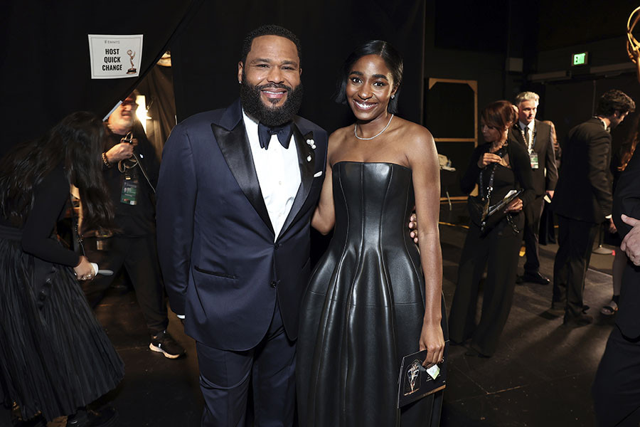 Anthony Anderson and Ayo Edebiri backstage at the 75th Emmy Awards ...