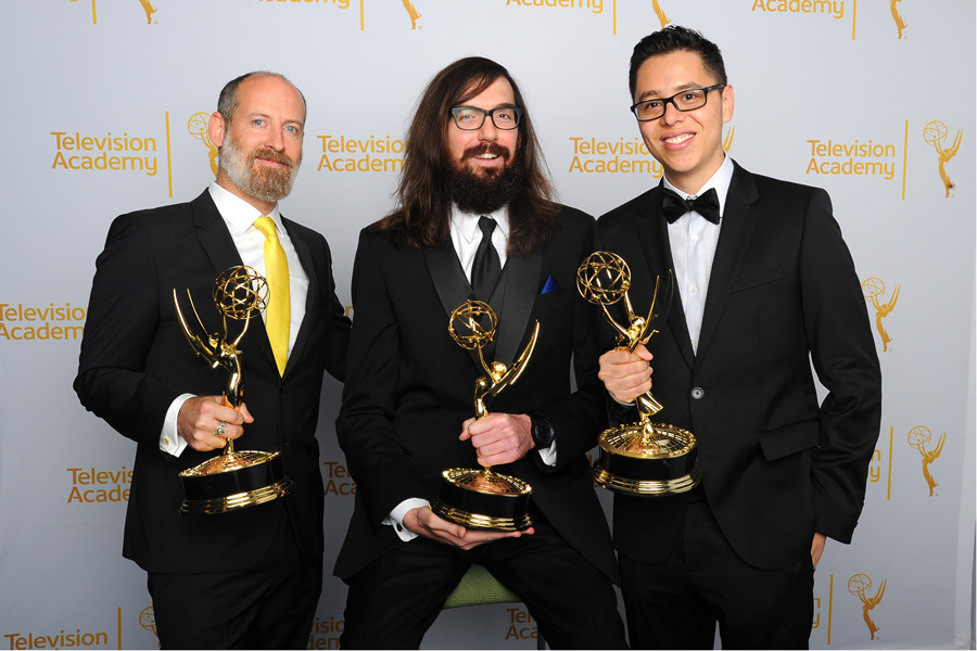 Mickey Mouse writing team members Paul Rudish (l), Derek Dressler (c ...