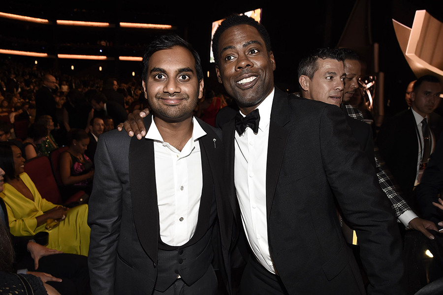 Aziz Ansari and Chris Rock pose in the audience at the 2016 Primetime ...