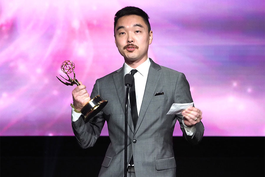 Hyunsoo Moon from KCET.ORG accepts the Emmy for outstanding editor ...